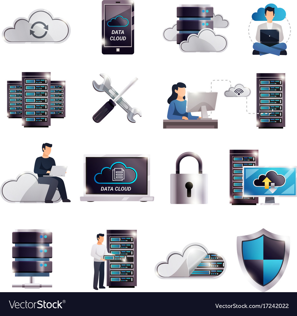 Datacenter Hosting Server Cloud Set Royalty Free Vector