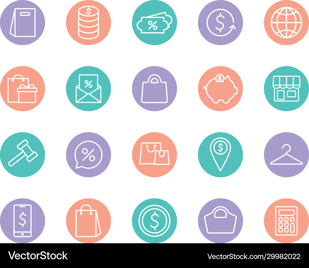 Shopping line and block style icon set Royalty Free Vector