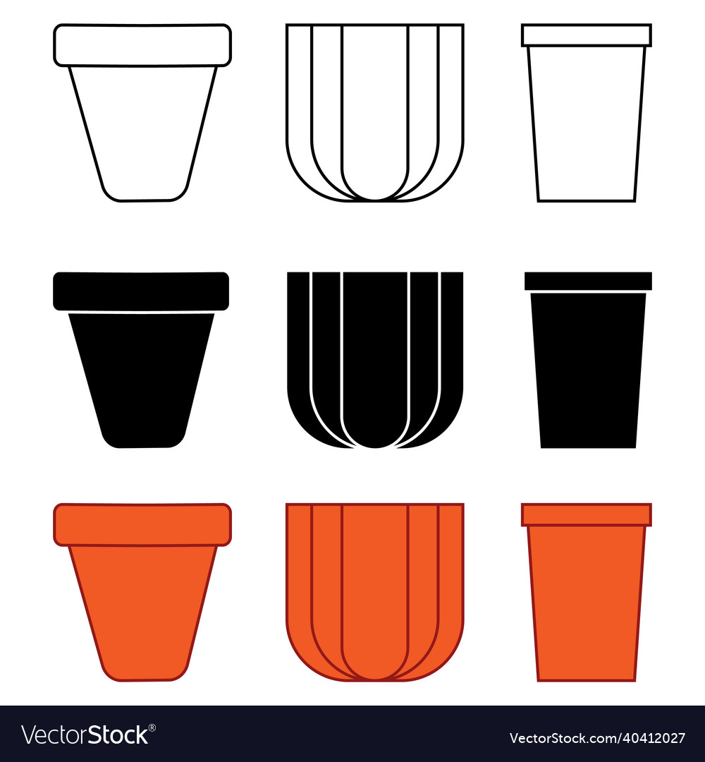 Gardening tools three sets of plant pots in line Vector Image