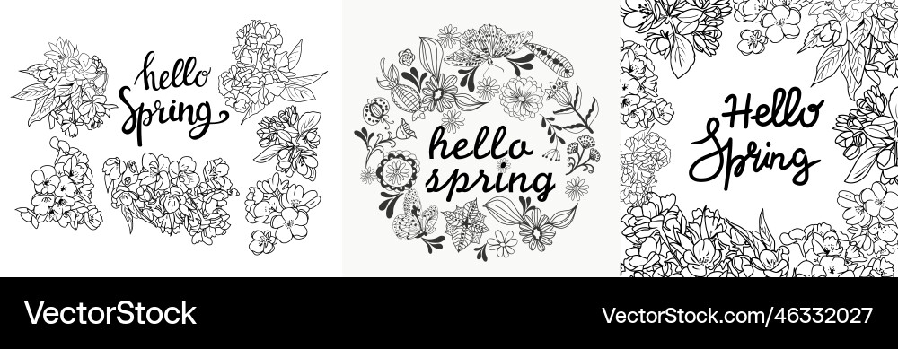 Spring flowers and leaves in black white Vector Image