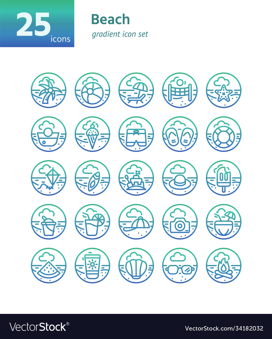 Beach gradient icon set Royalty Free Vector Image