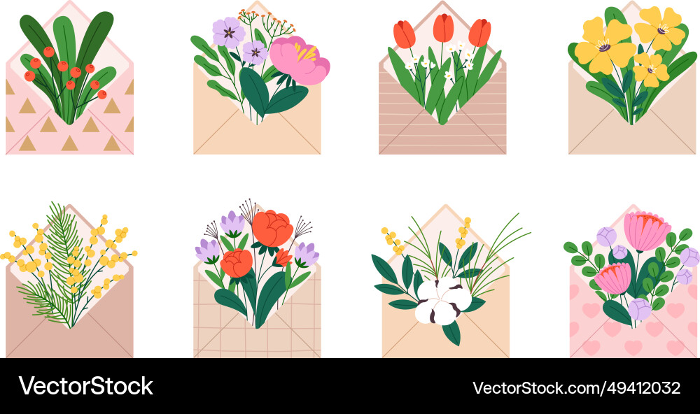 Envelopes with flowers floral bouquets inside Vector Image