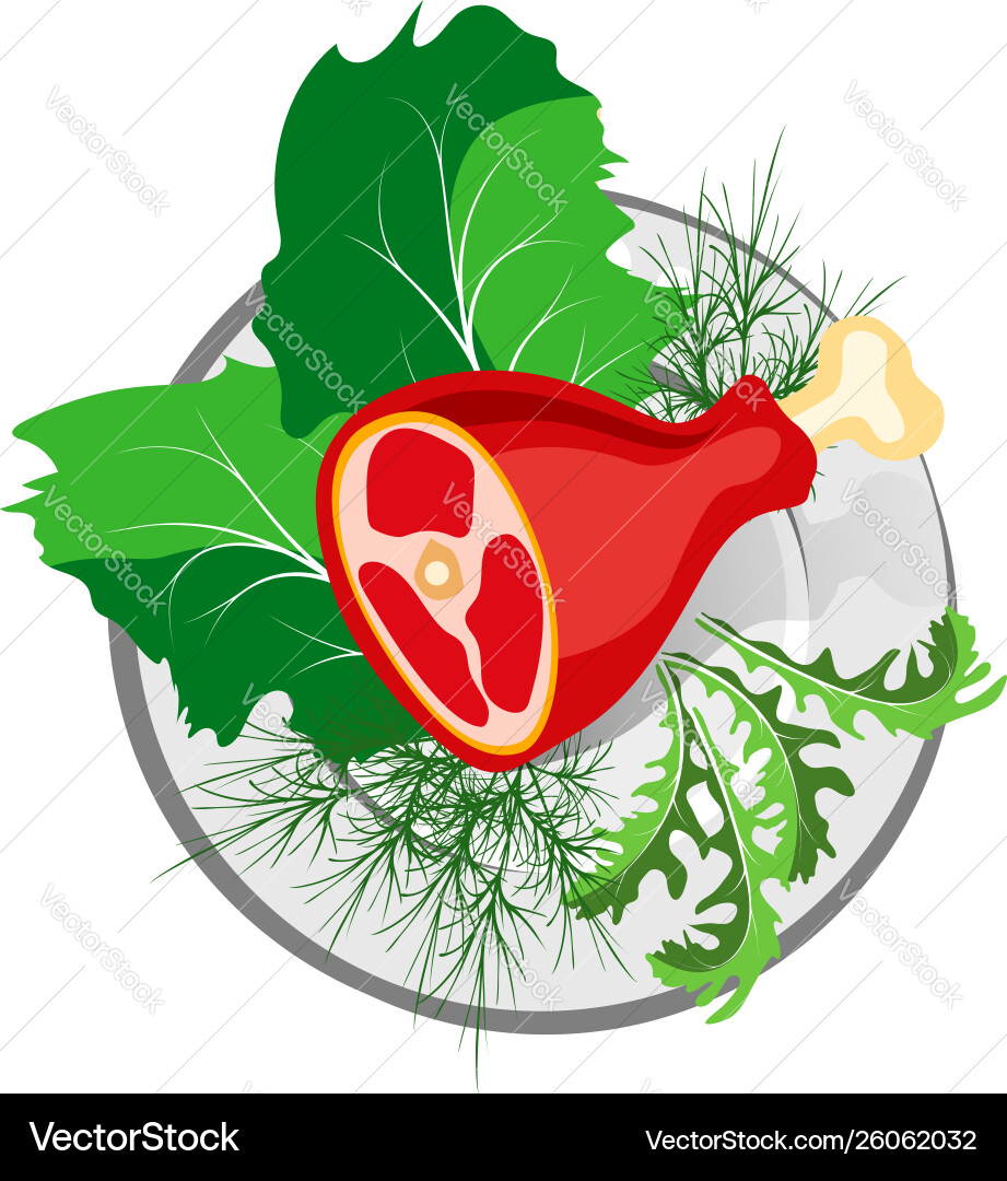 Piece raw meat on a plate with greens Royalty Free Vector