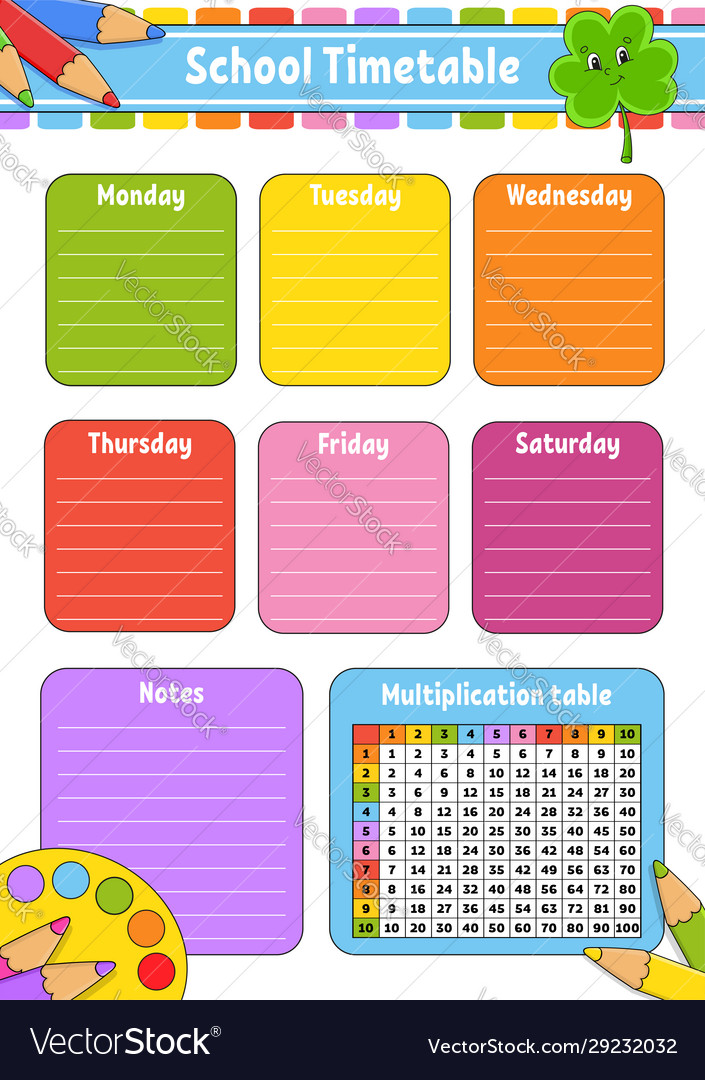 School timetable with multiplication table Vector Image