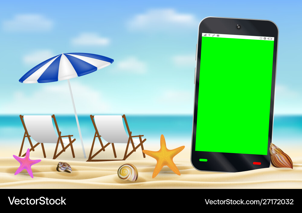 Smartphone green screen on sea sand beach Vector Image