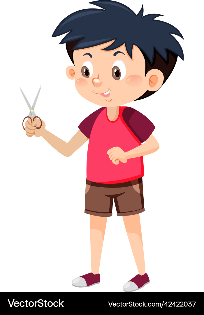 A boy holding scissor mirror on white background Vector Image