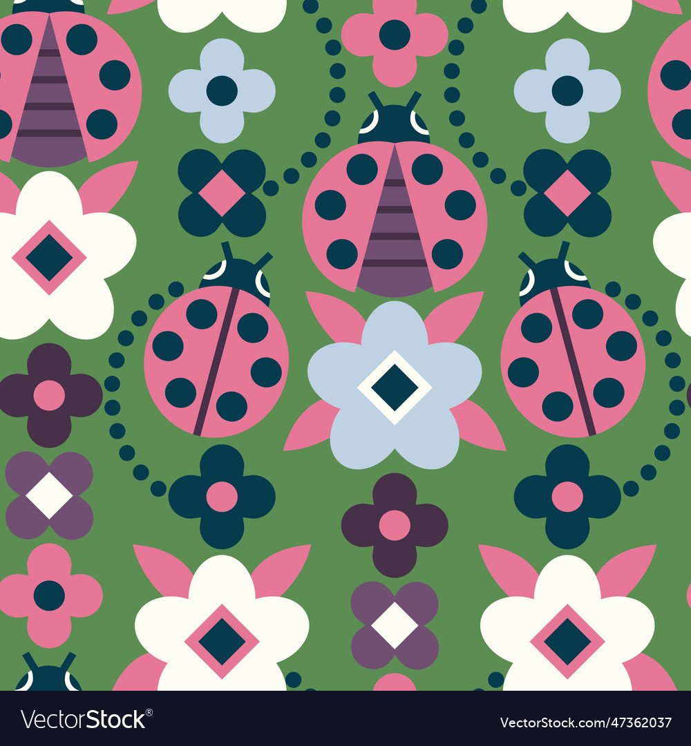 Seamless pattern with flowers and ladybugs Vector Image