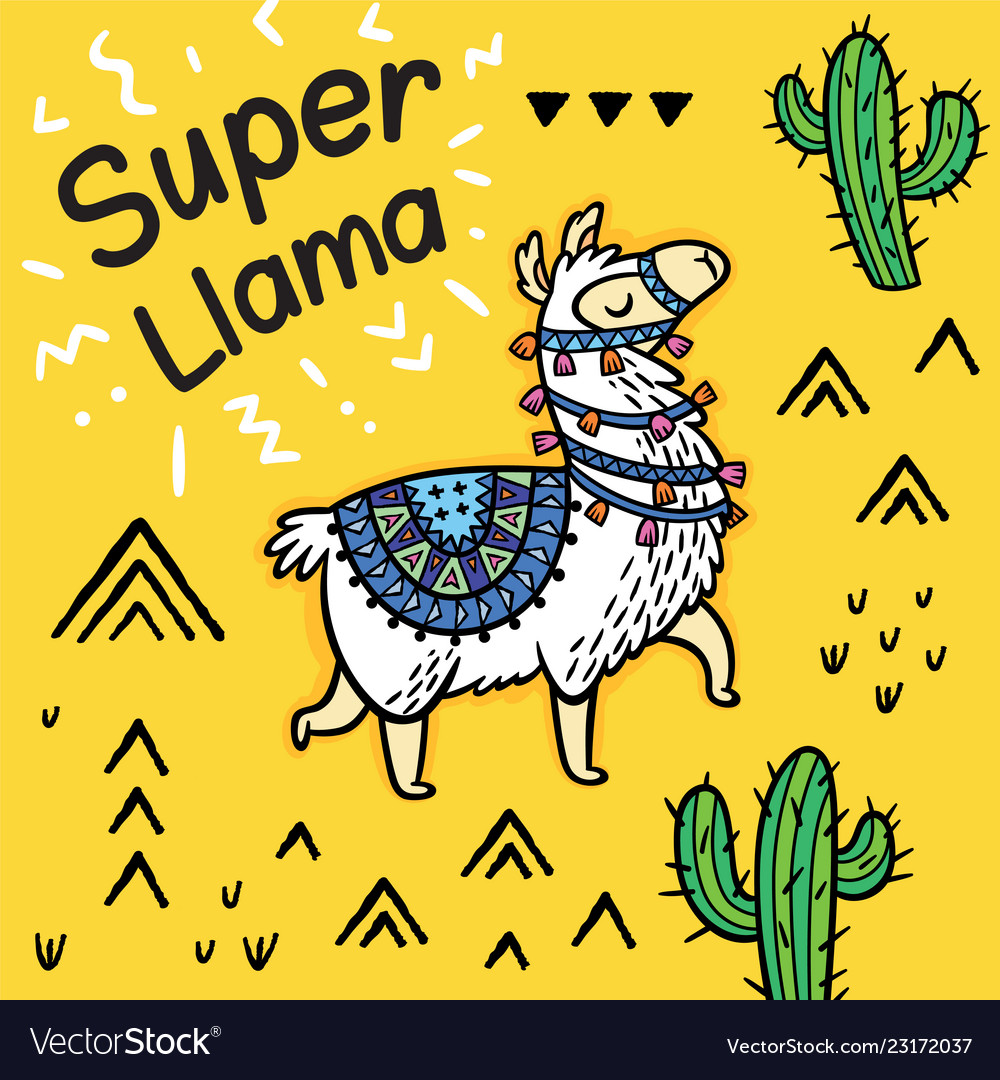 Super llama cute cartoon llama card Royalty Free Vector