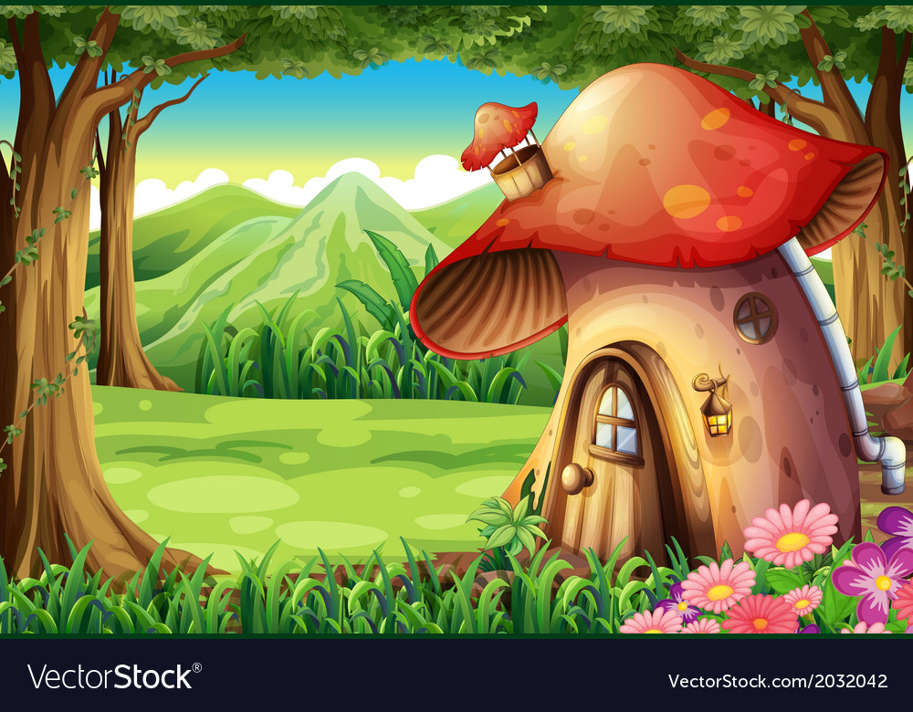 A forest with mushroom house Royalty Free Vector Image