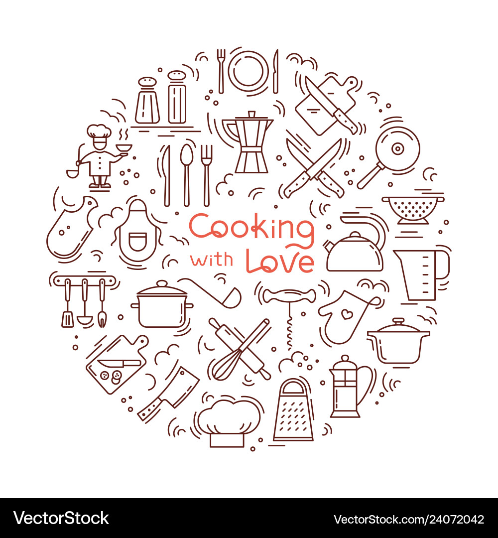 Cooking with love circular background from icons Vector Image