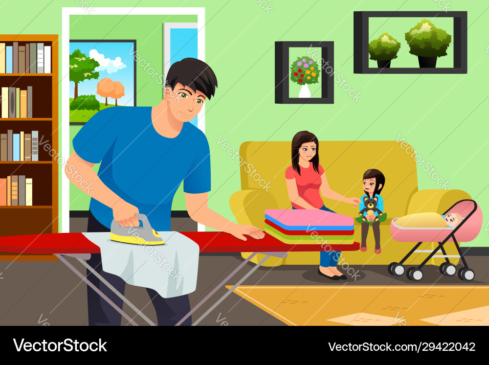 Father ironing clothes while mother and kids Vector Image