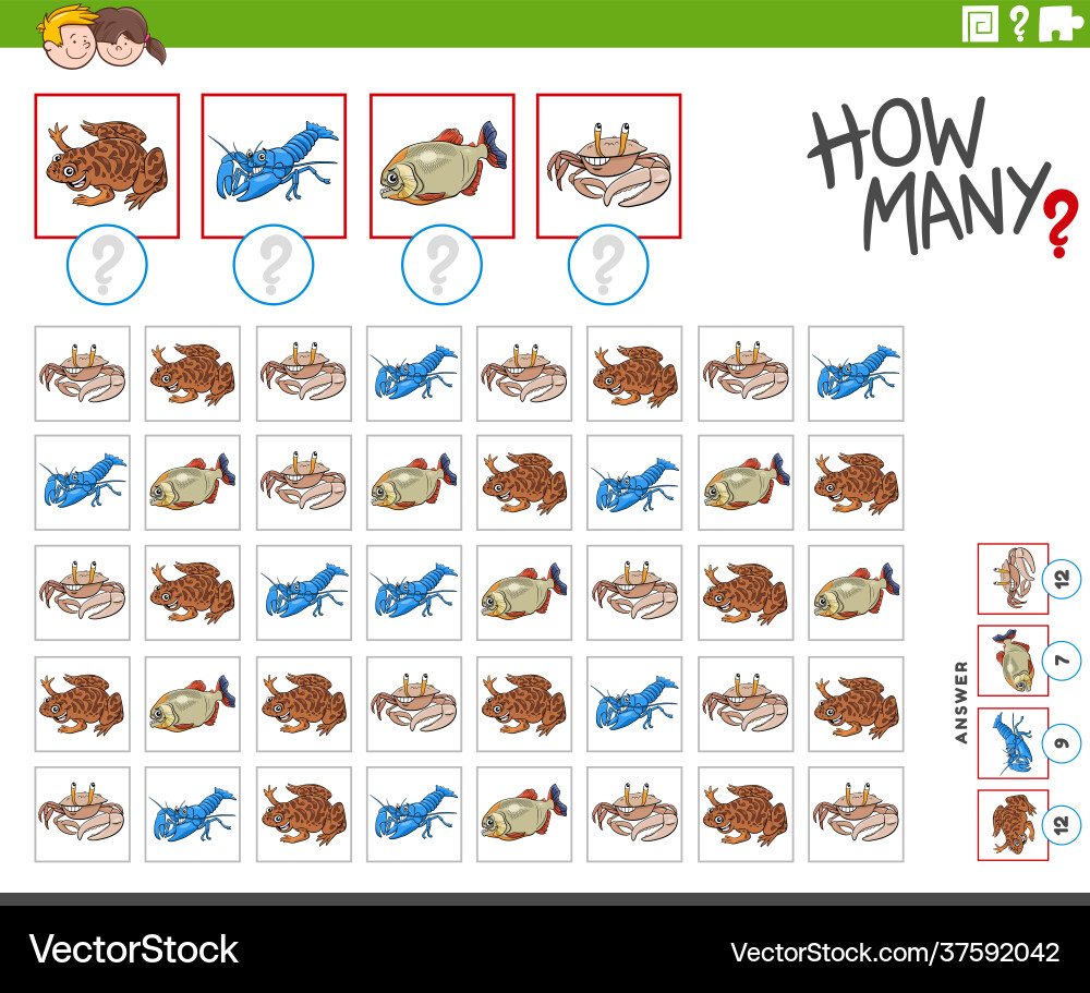 How many cartoon animal characters counting task Vector Image