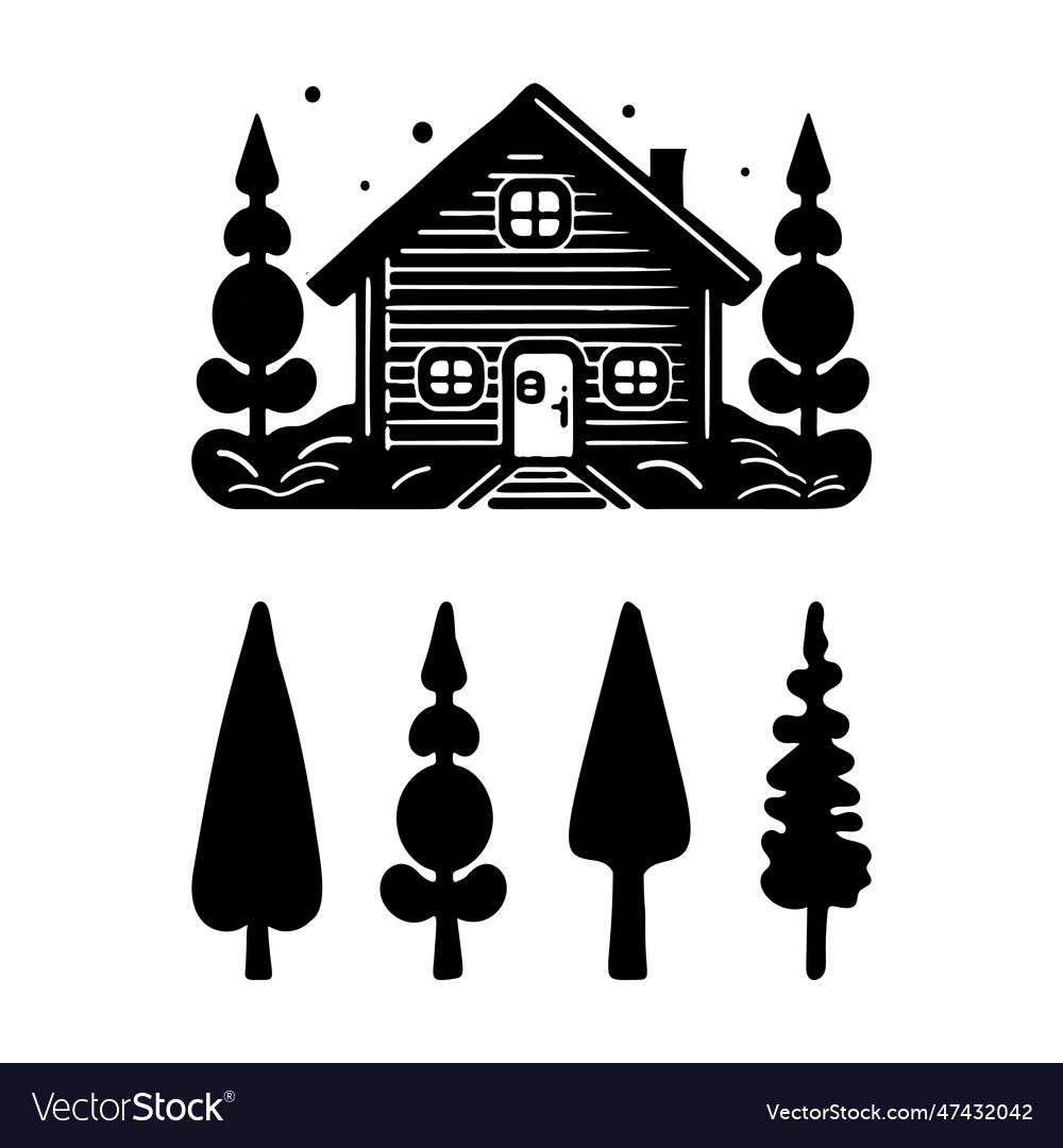 Set of log cabin and alpine fir tree Royalty Free Vector