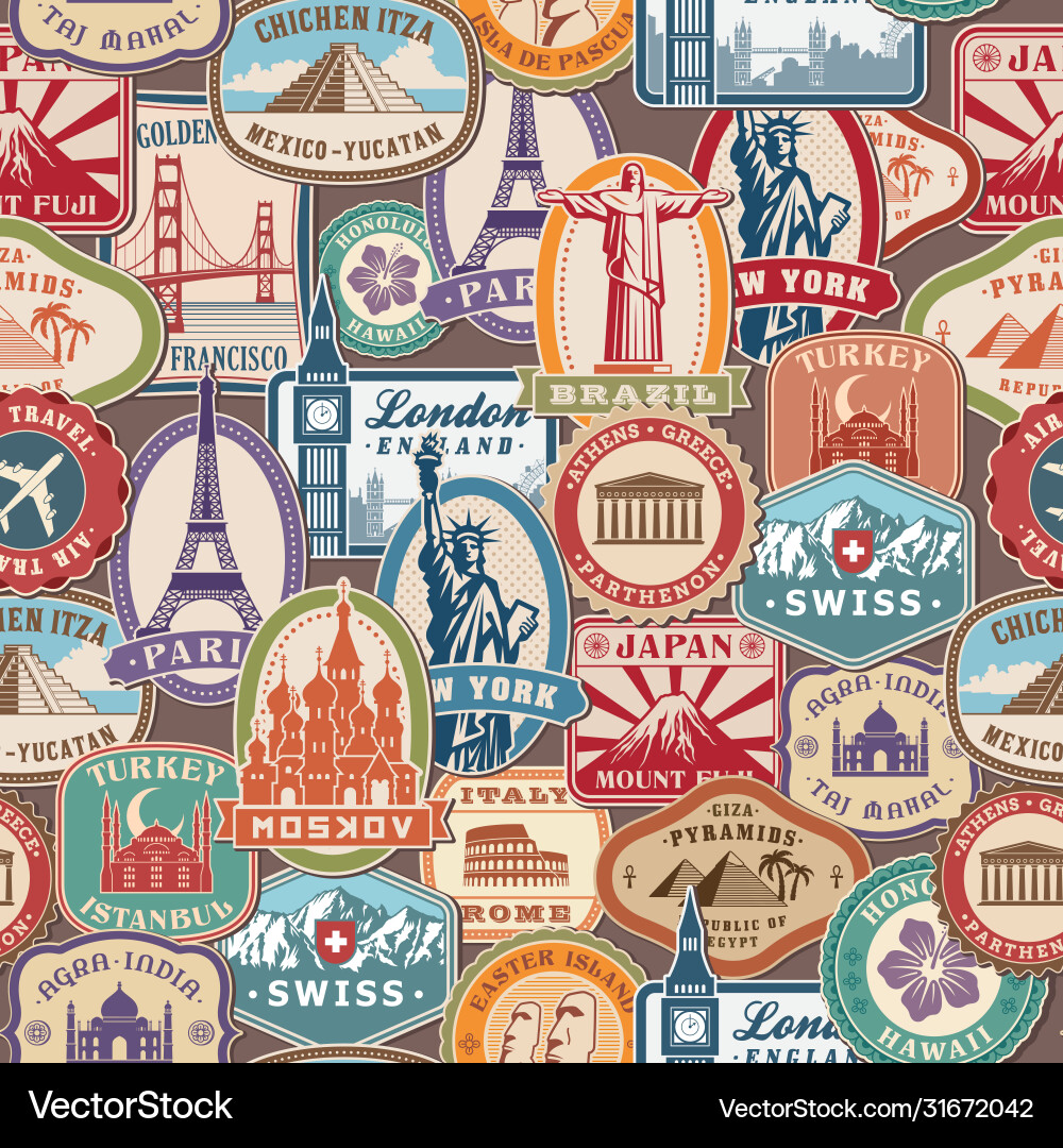 Travel pattern immigration stamps stickers Vector Image