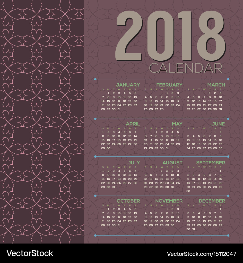 2018 printable calendar starts sunday Royalty Free Vector