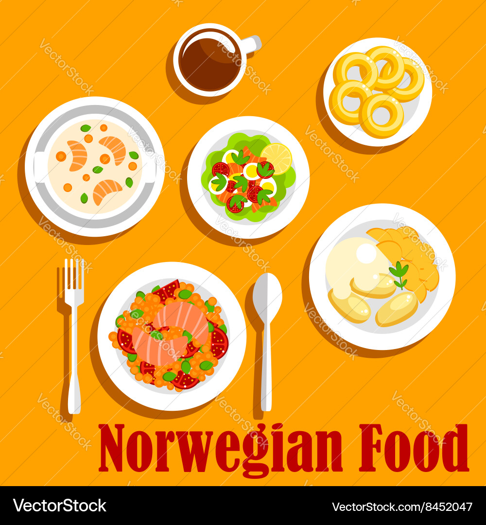 Fish dishes norwegian cuisine flat icon Royalty Free Vector