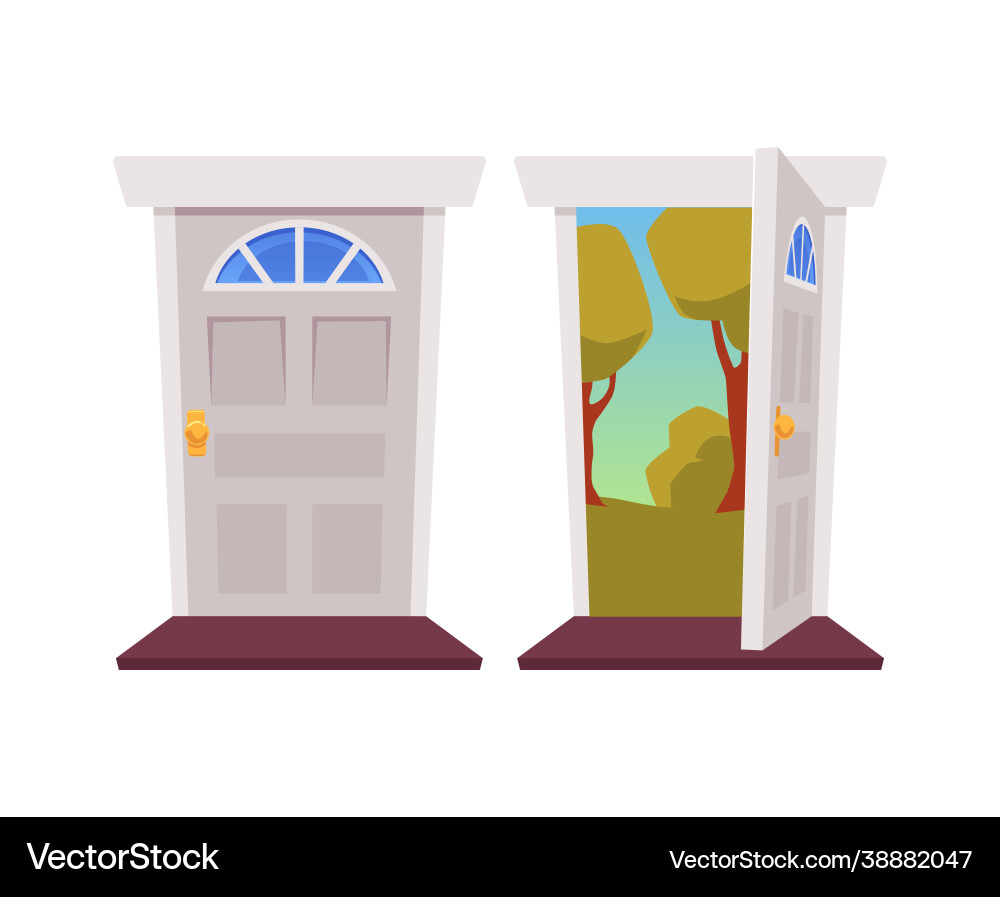 Opened and closed white cartoon doors in flat Vector Image