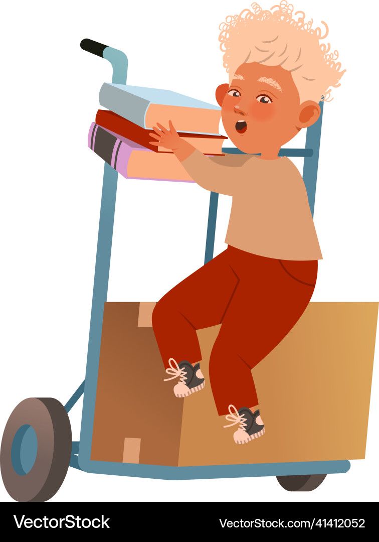 Cute boy sitting on cardboard boxes push cart Vector Image