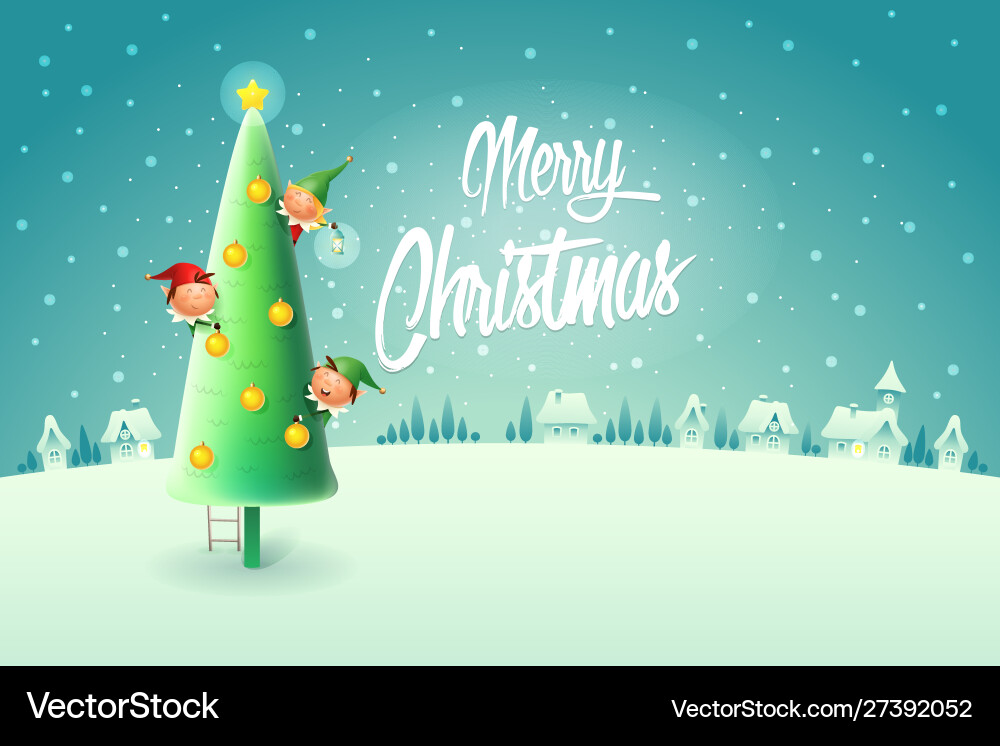 Elves decorating christmas tree - merry christmas Vector Image