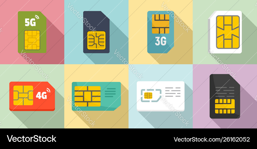 Sim phone card icons set flat style Royalty Free Vector