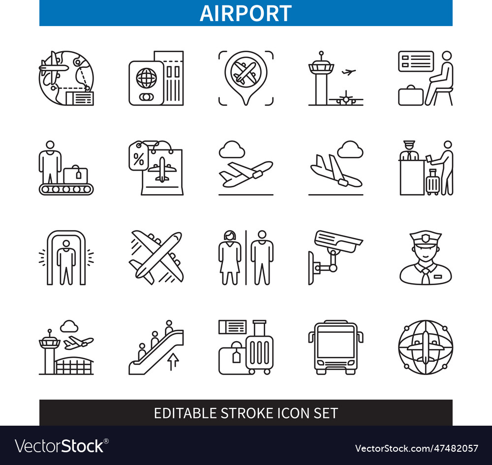 Airport editable stroke icon set Royalty Free Vector Image