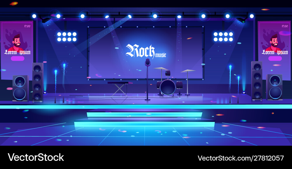 Stage with rock music instruments and equipment Vector Image