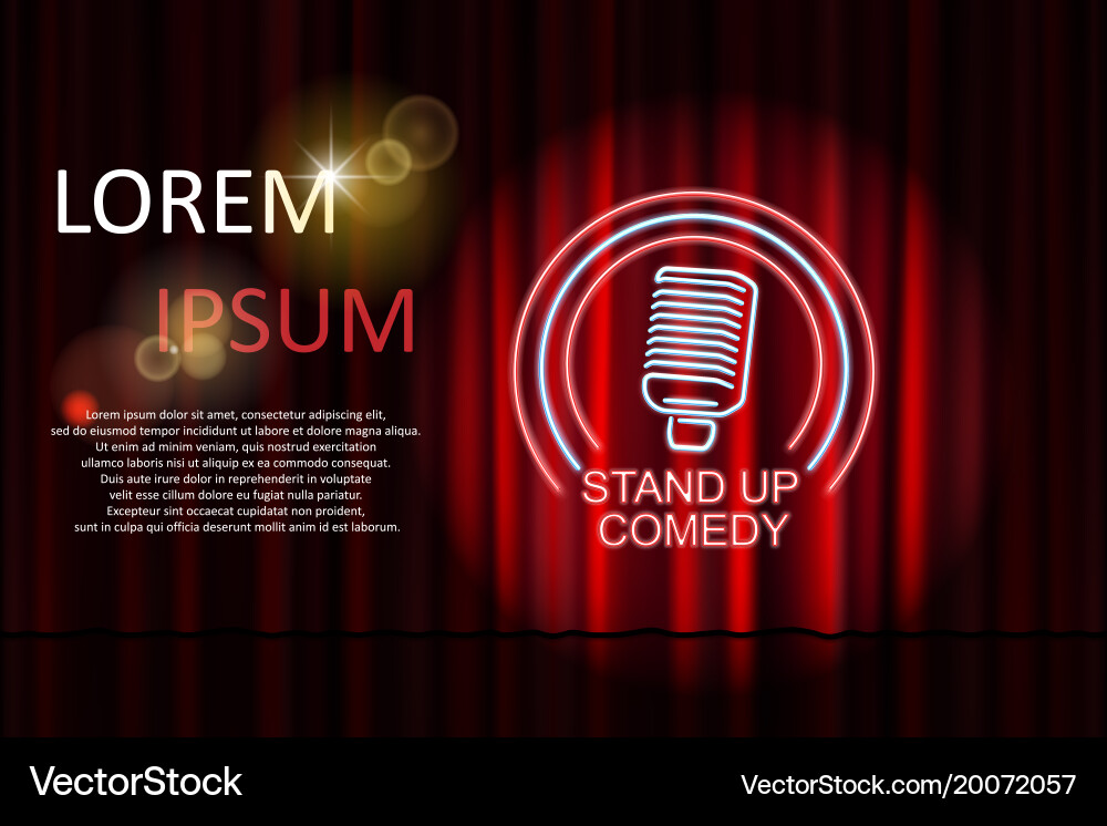 Stand up comedy with neon microphone sign and red Vector Image