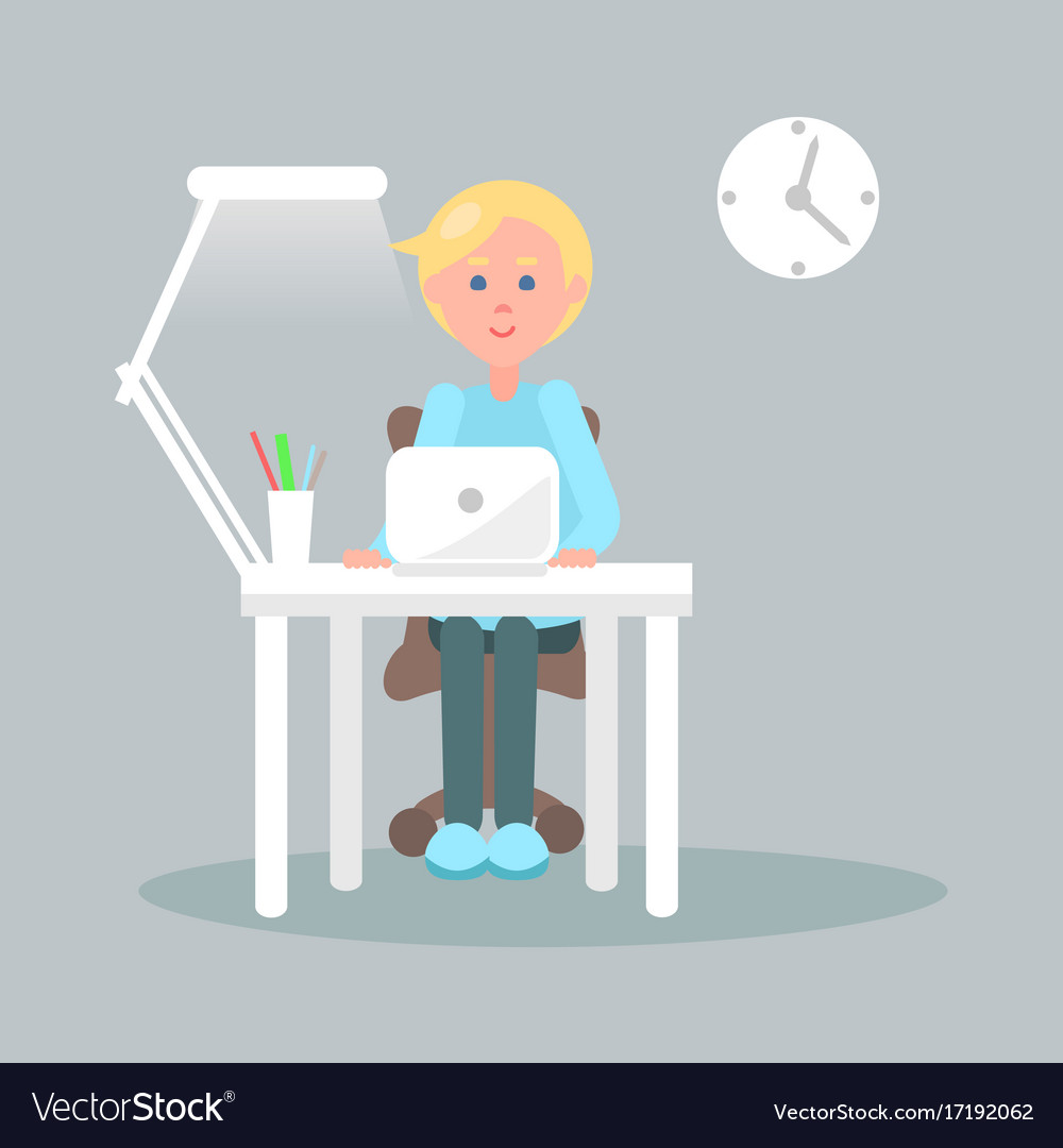 Character sits at table with laptop Royalty Free Vector