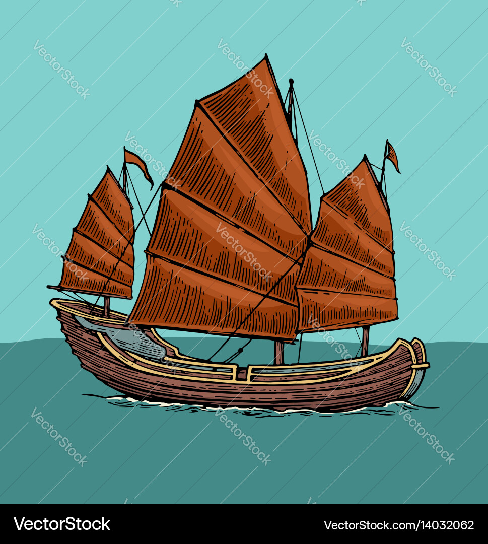 Junk floating on the sea waves hand drawn design Vector Image