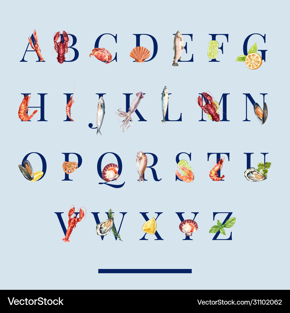 Seafood alphabet design with octopus crayfish Vector Image