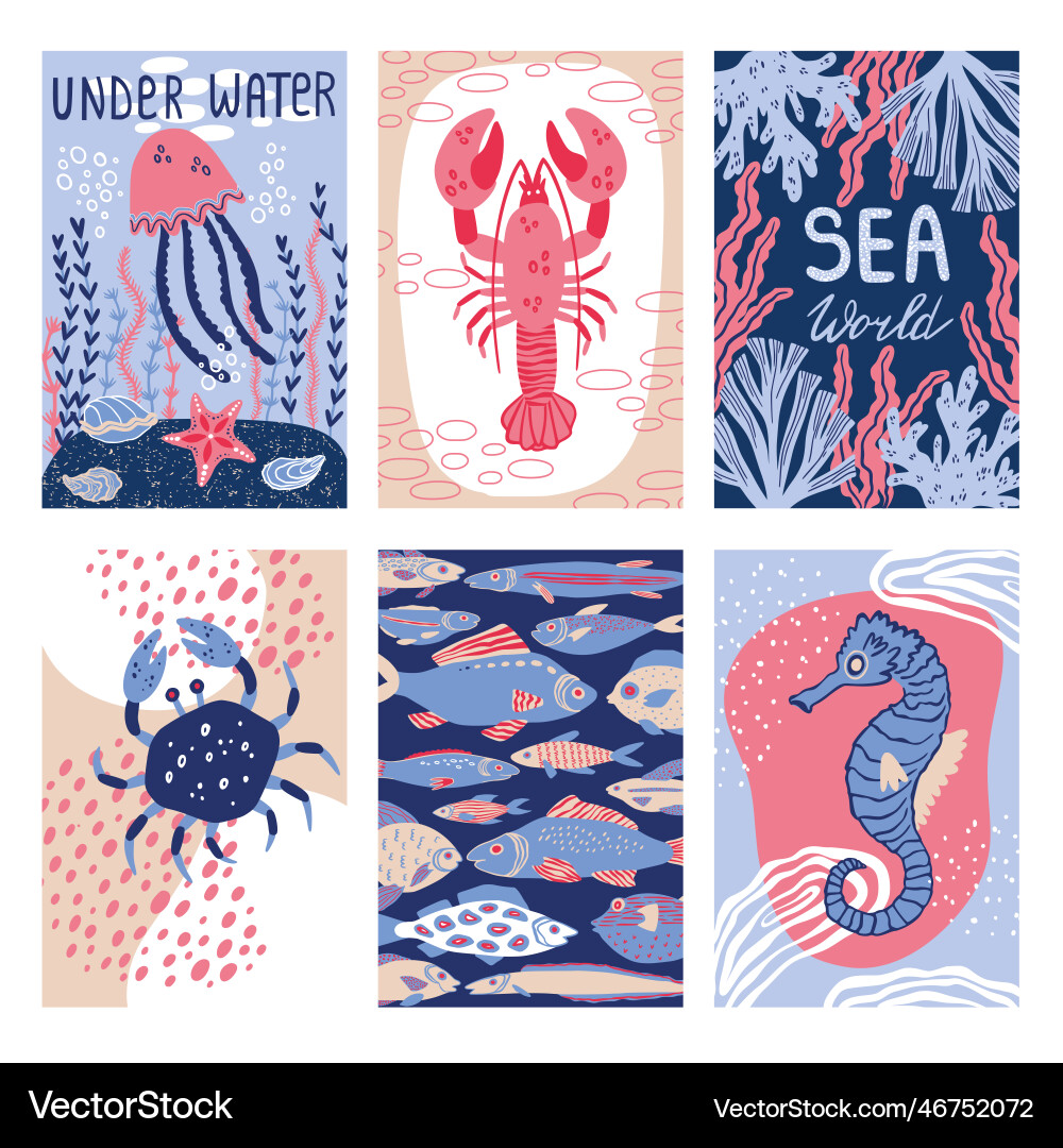 Cute marine posters fish doodles simple starfish Vector Image