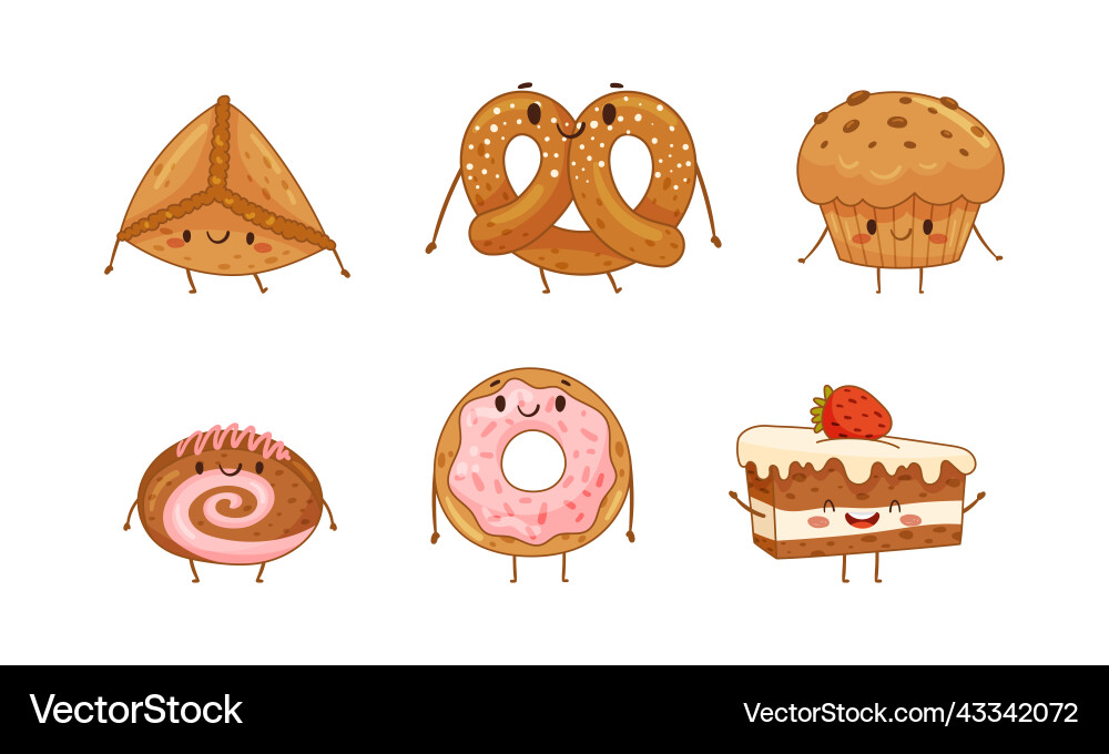 Funny pastries characters set tasty bakery Vector Image