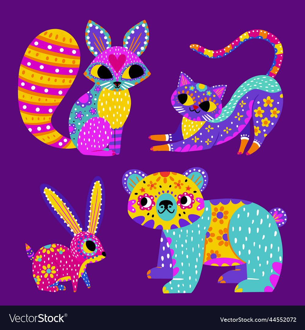 Hand drawn dia de muertos alebrijes collection Vector Image