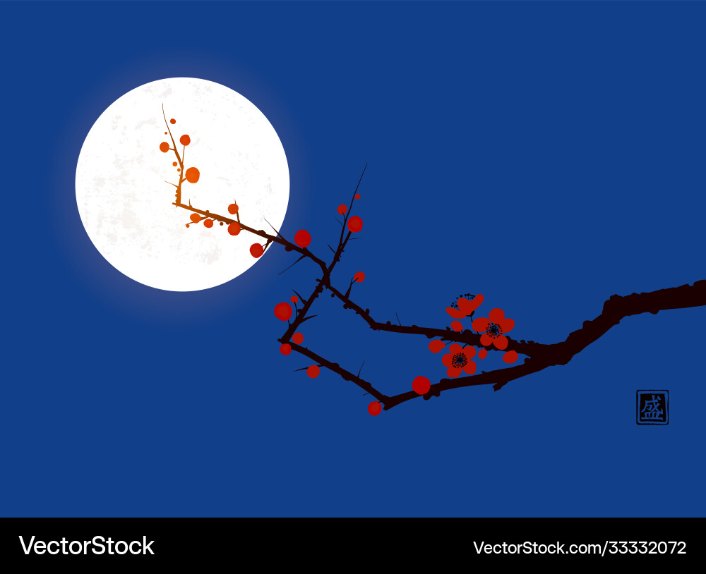 Sakura cherry tree blossom and moon in night Vector Image