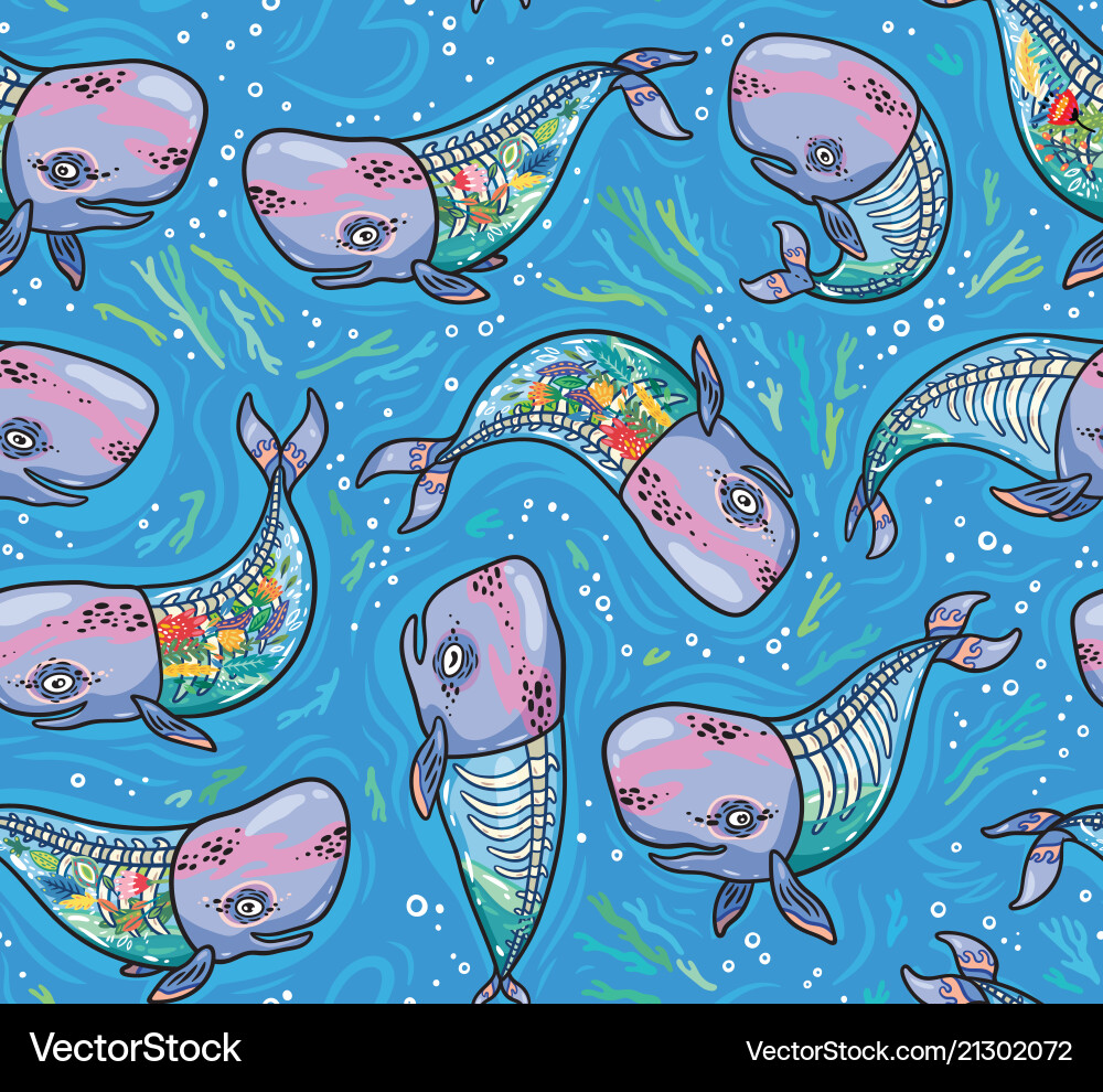 Seamless pattern with floral anatomy whales Vector Image
