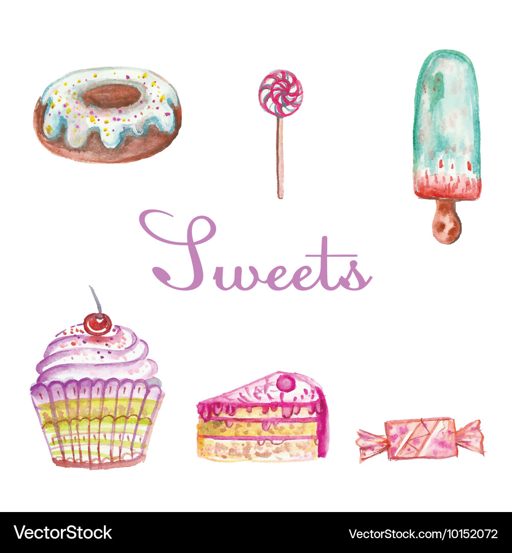 Set of different watercolor sweets Royalty Free Vector Image