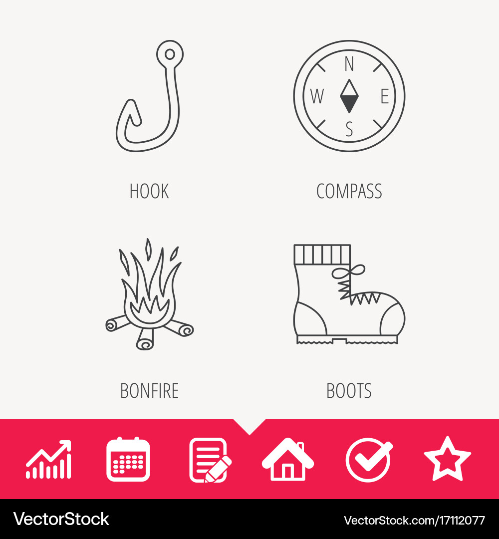 Fishing hook compass and hiking boots icons Vector Image