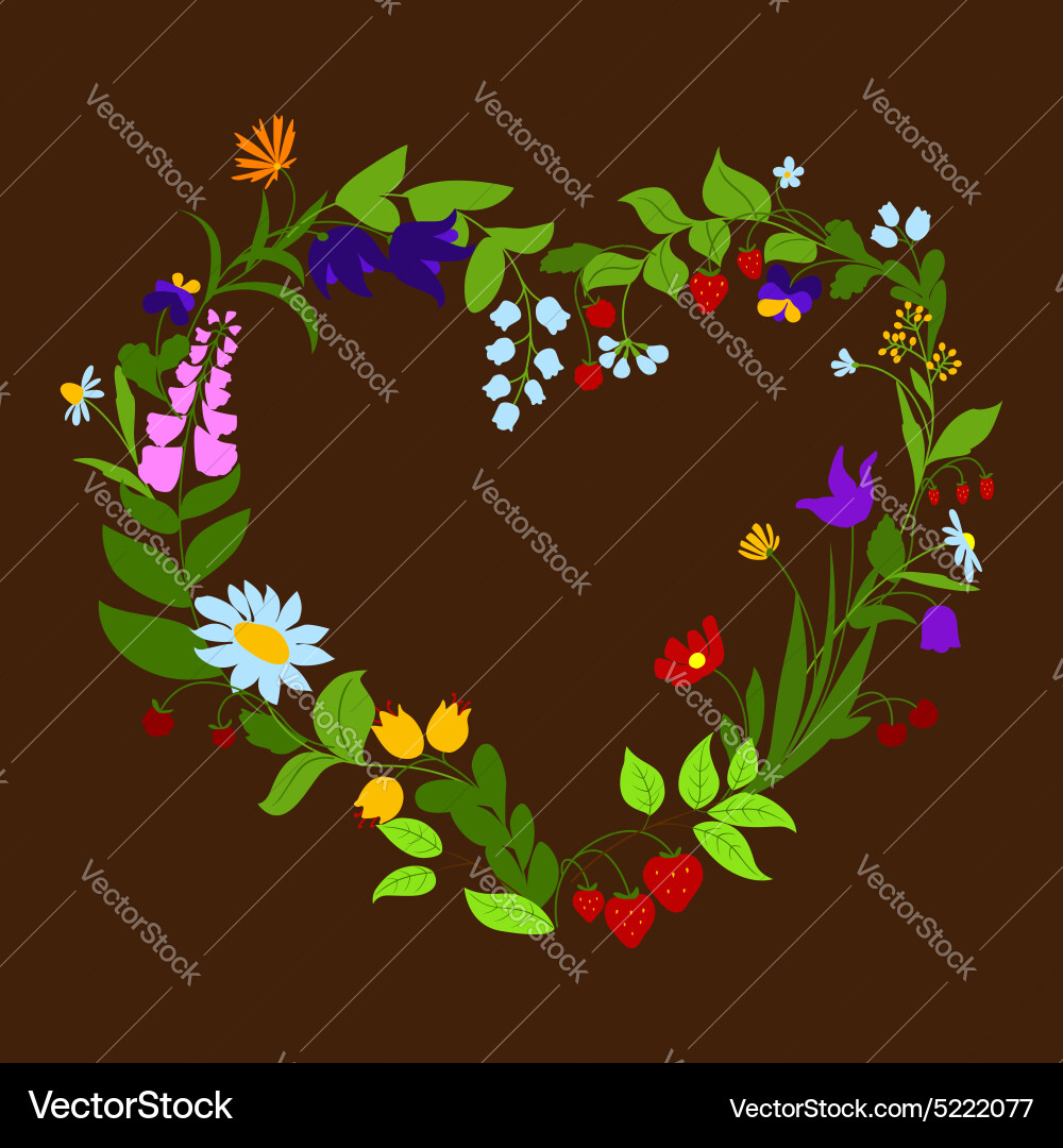 Heart shaped frame with flowers and berries Vector Image
