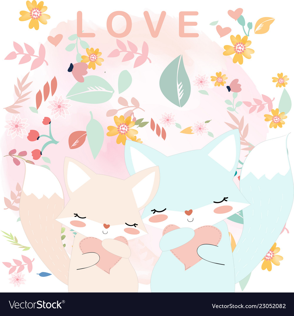 Cute Couple Fox In Spring Flower Garden Royalty Free Vector