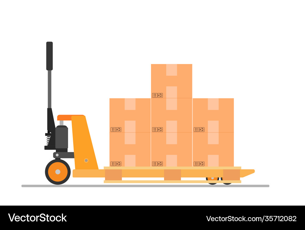 Hand pallet truck with cardboard box Royalty Free Vector