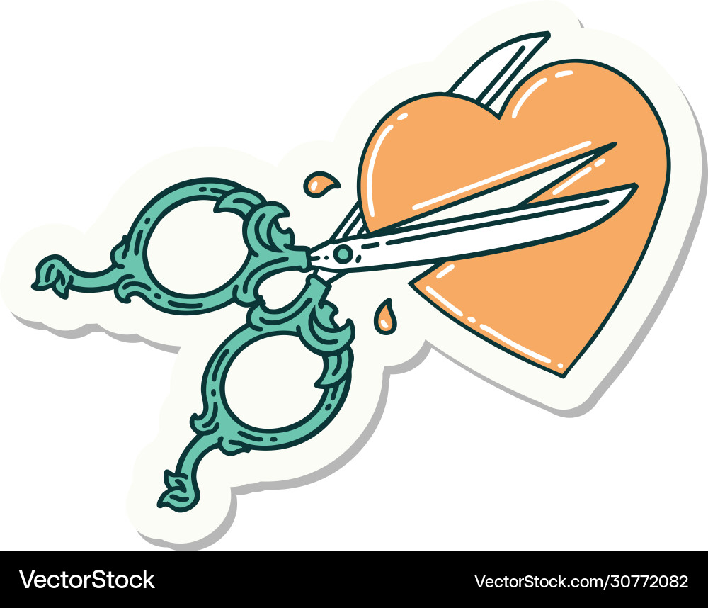 Tattoo style sticker scissors cutting a heart Vector Image