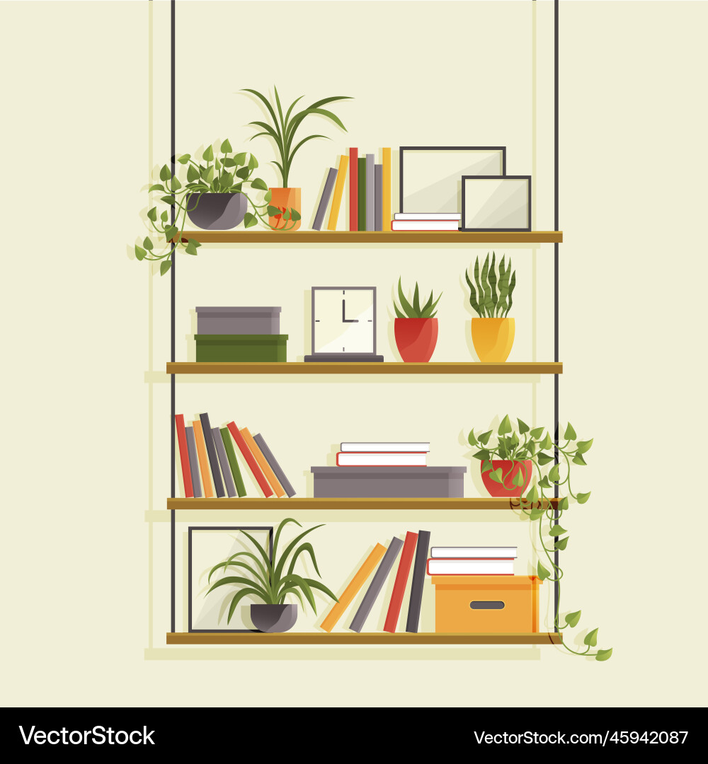 Book shelves with colorful objects cartoon design Vector Image