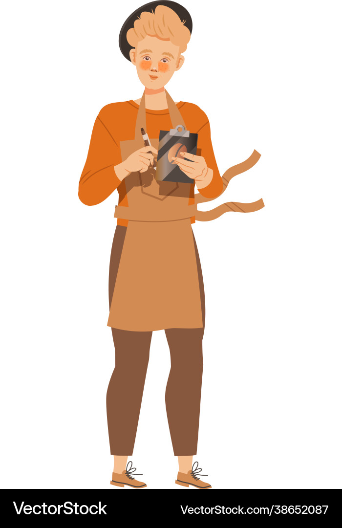 Man barista in hat wearing apron taking client Vector Image