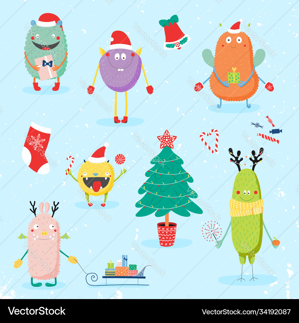 Set cute funny christmas monsters Royalty Free Vector Image