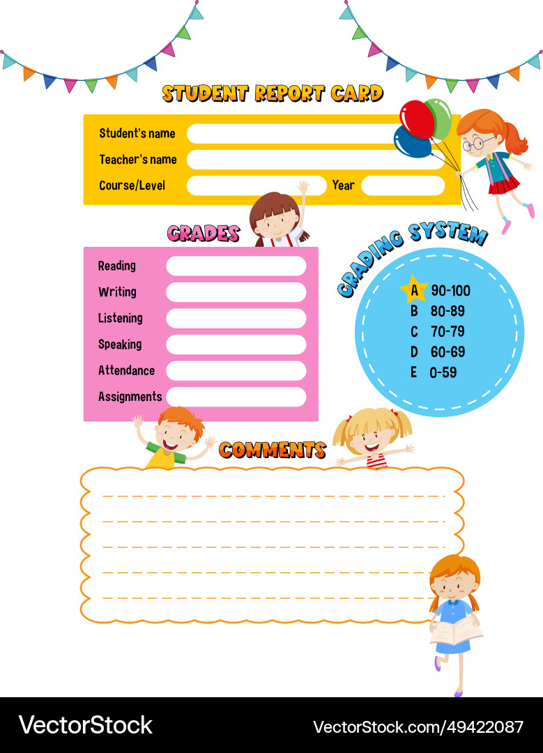Student report card template with cute cartoon Vector Image
