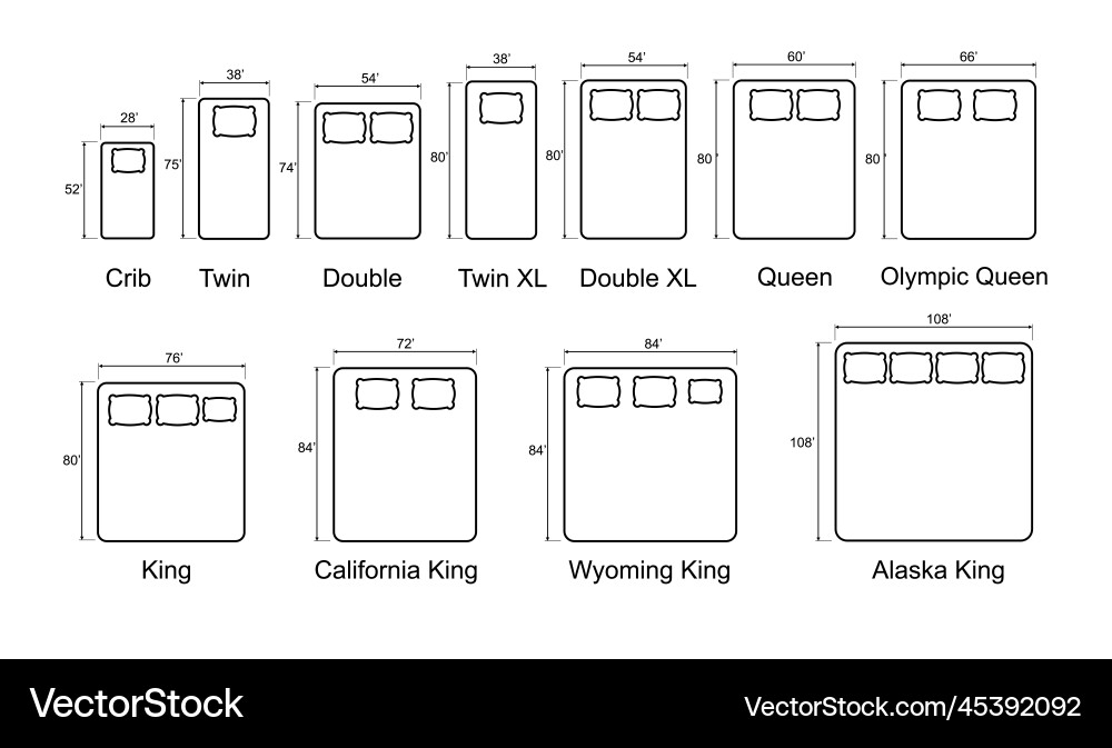 Bed sizes and mattress dimensions pictograms Vector Image