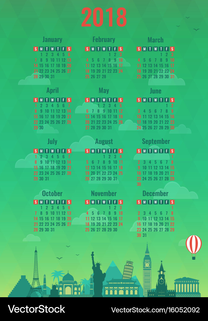 Calendar for 2018 with famous wolrd landmarks Vector Image