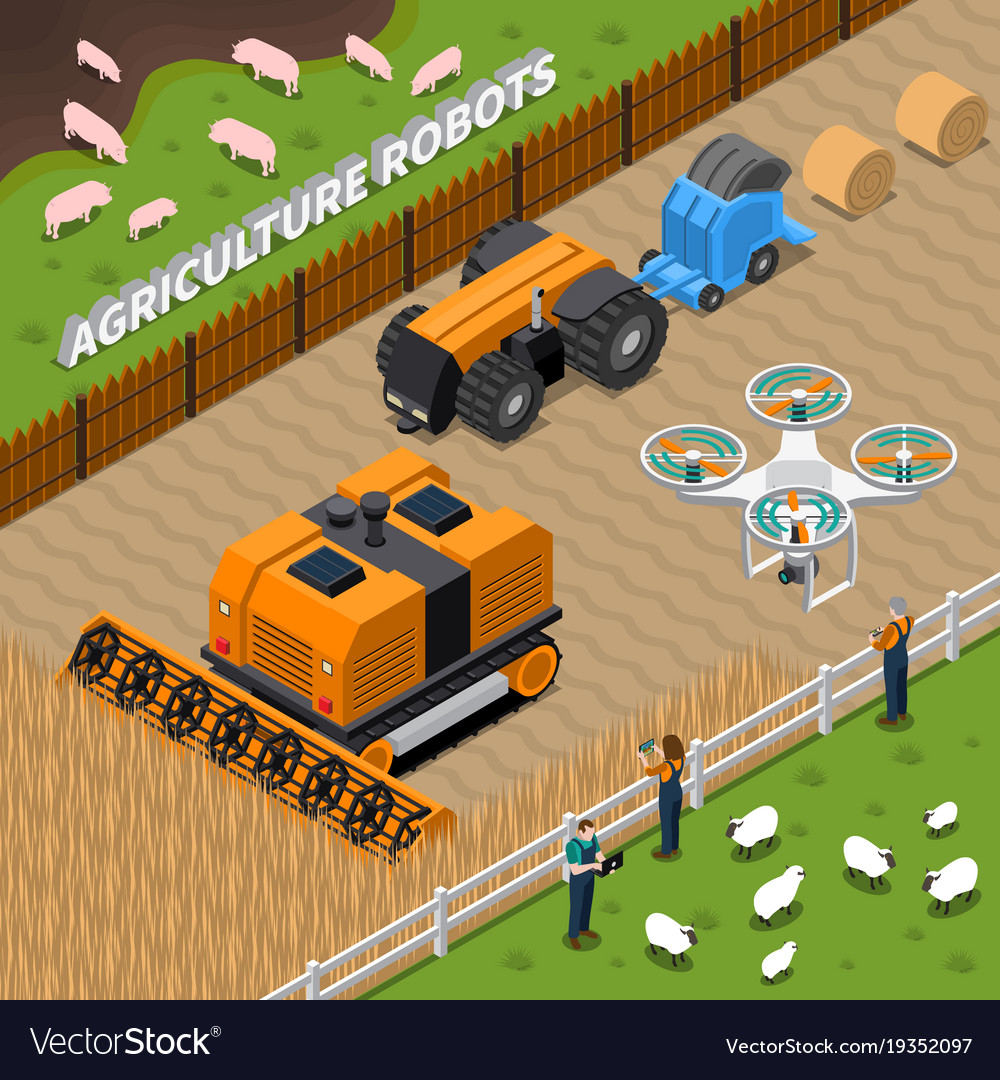 Farming robots isometric composition Royalty Free Vector