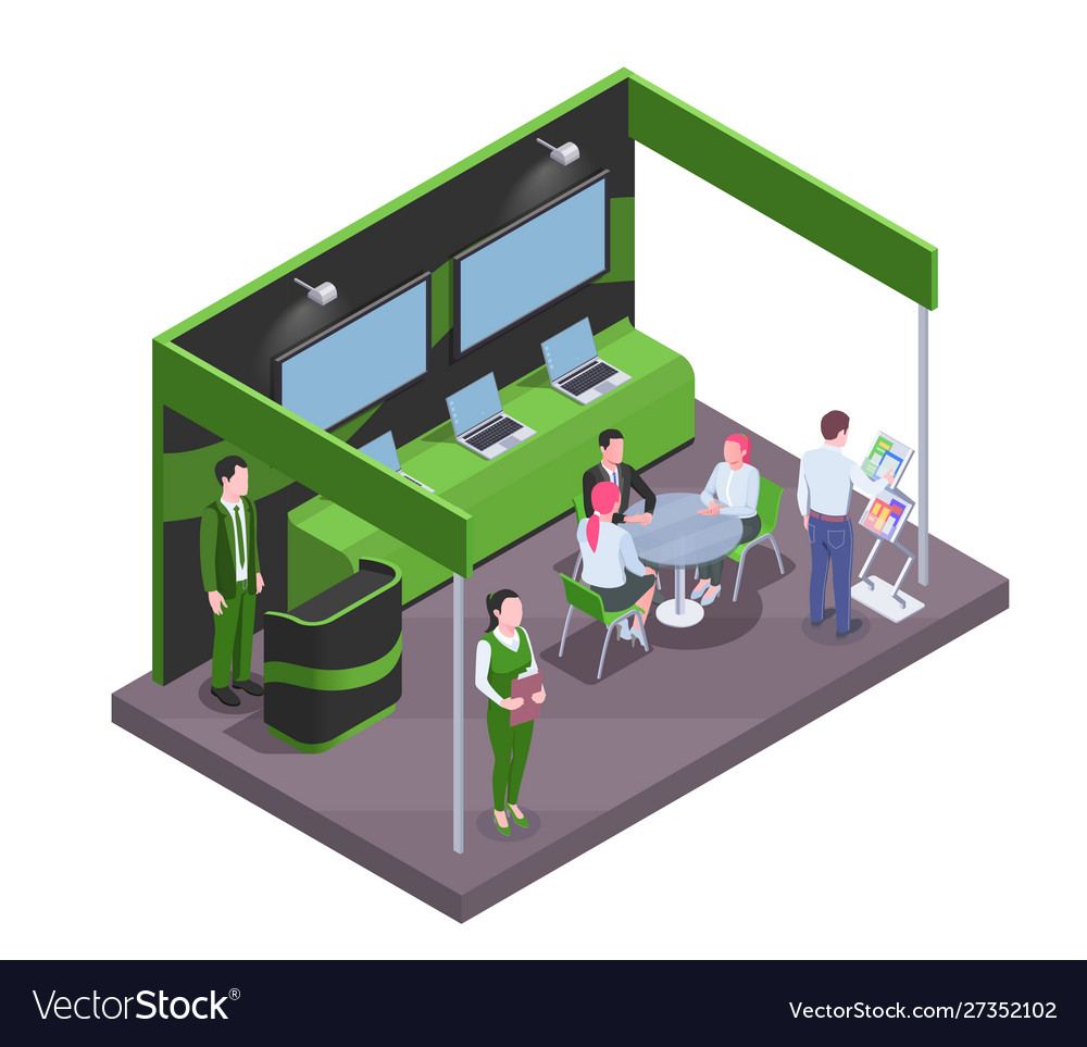 Expo stand isometric composition Royalty Free Vector Image