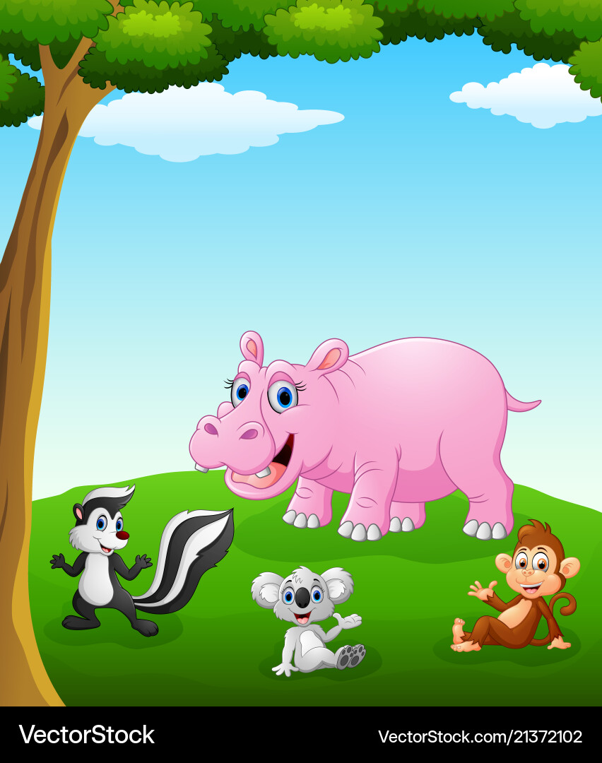 Happy animals cartoon on the field Royalty Free Vector Image
